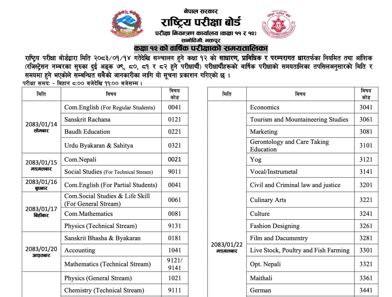 NEB Exam Routine 2083 Released for Class 12 Board Exam Download Subject ...